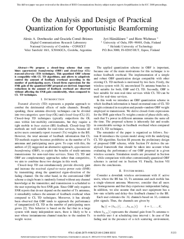 (PDF) On the Analysis and Design of Practical Quantization for Opportunistic Beamforming