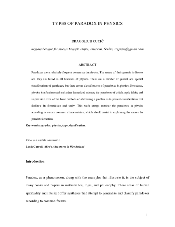 (PDF) Types of Paradox in Physics