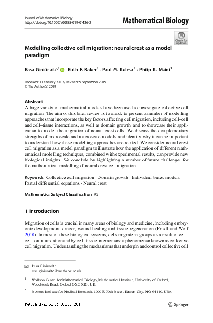 (PDF) Modelling collective cell migration: neural crest as a model paradigm