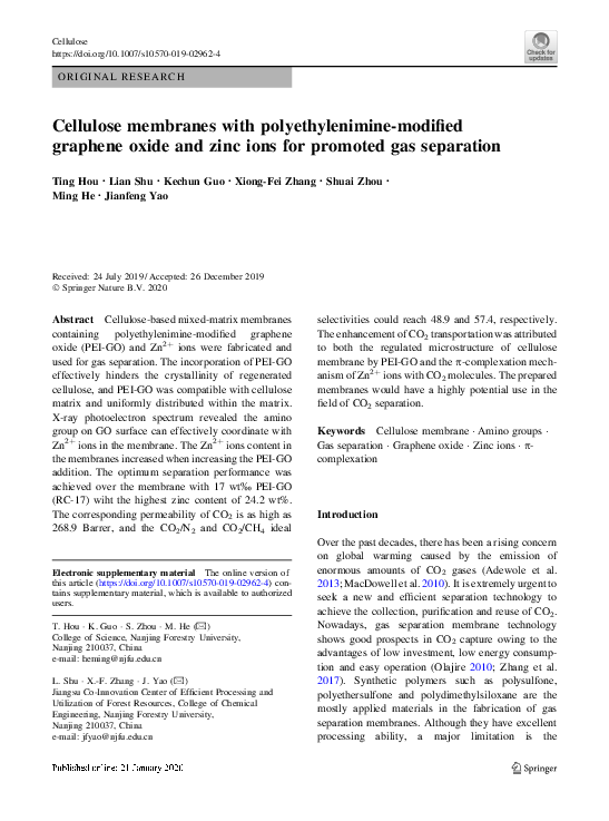(PDF) Cellulose membranes with polyethylenimine-modified graphene oxide ...