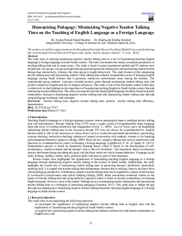 (PDF) Humanizing Pedagogy: Minimizing Negative Teacher Talking Time on ...