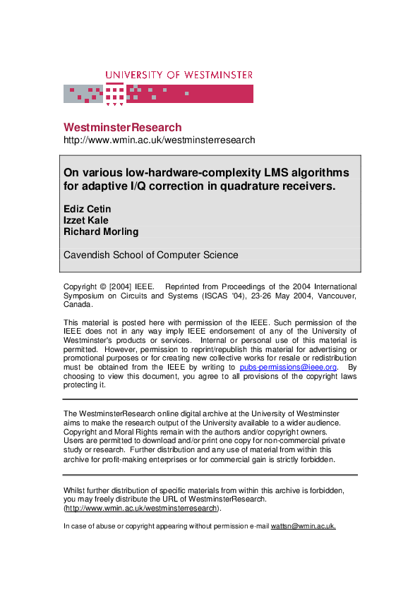Pdf On Various Low Hardware Complexity Lms Algorithms For Adaptive I Q Correction In