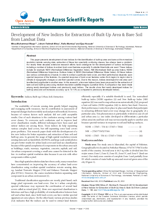 Pdf Development Of New Indices For Extraction Of Built Up Area And Bare