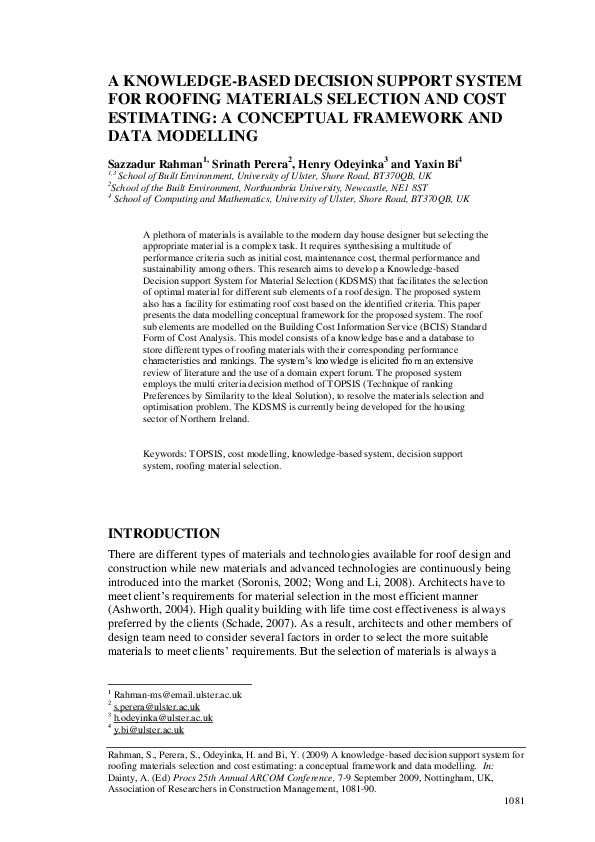 Pdf A Knowledge Based Decision Support System For Roofing Materials