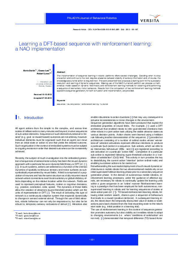 Pdf Learning A Dft Based Sequence With Reinforcement Learning A Nao Implementation