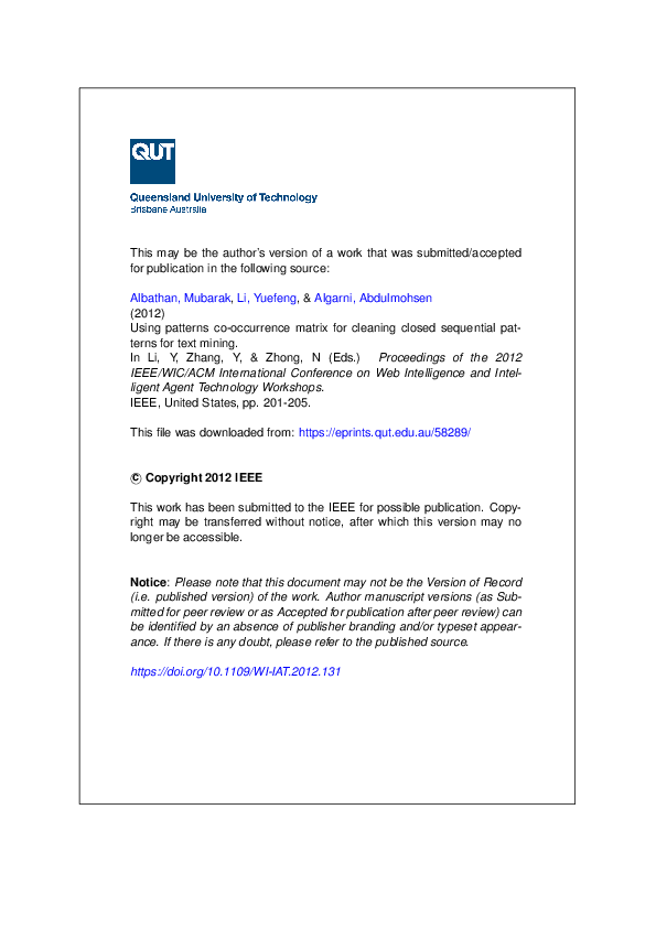 Pdf Using Patterns Co Occurrence Matrix For Cleaning Closed Sequential Patterns For Text Mining