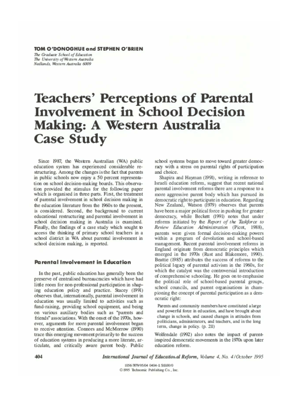 (PDF) Teachers’ Perceptions of Parental Involvement in School Decision Making: A Western ...