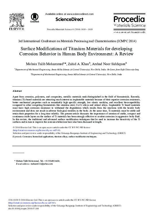 (PDF) Surface Modifications of Titanium Materials for developing ...