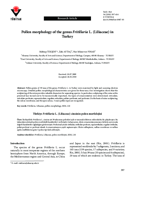 (PDF) Pollen morphology of the genus Fritillaria L. (Liliaceae) in Turkey