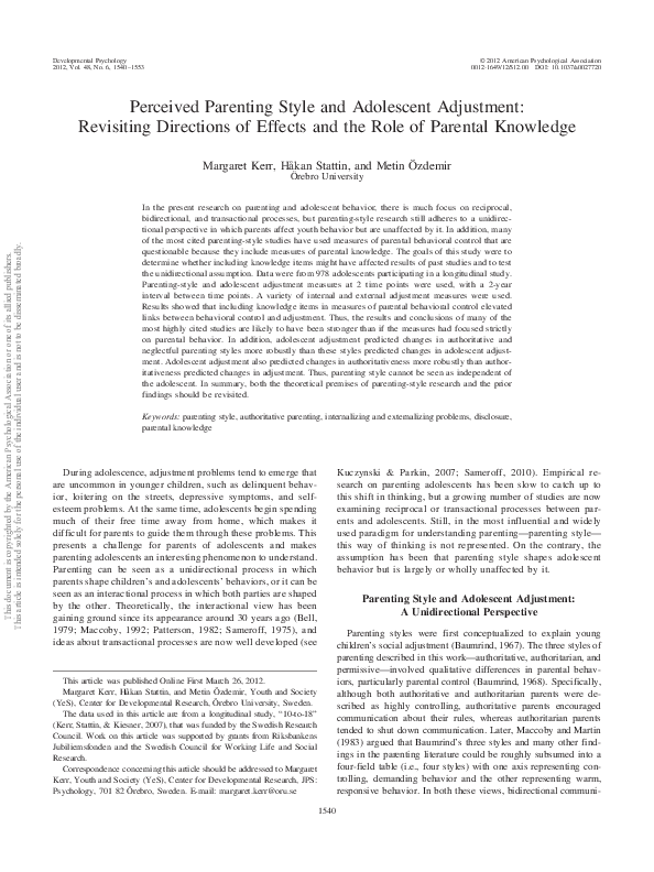(PDF) Perceived parenting style and adolescent adjustment: Revisiting ...