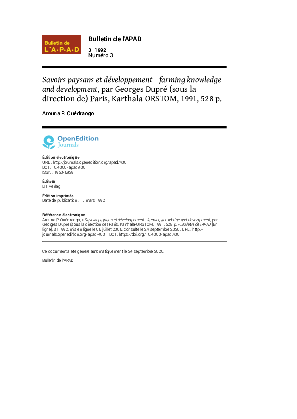 (PDF) Savoirs paysans et développement ‑ farming knowledge and ...