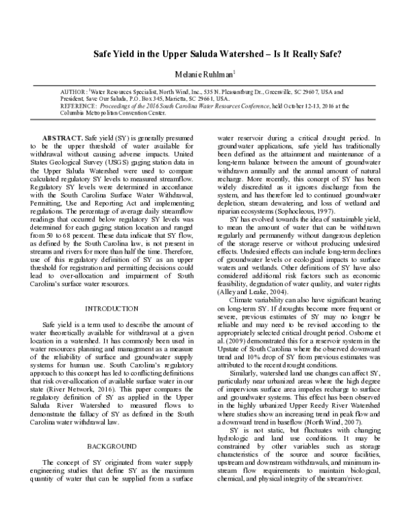 (PDF) Safe Yield in the Upper Saluda Watershed - Is It Really Safe?