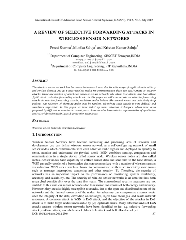 (PDF) A Review of Selective Forwarding Attacks in Wireless Sensor Networks