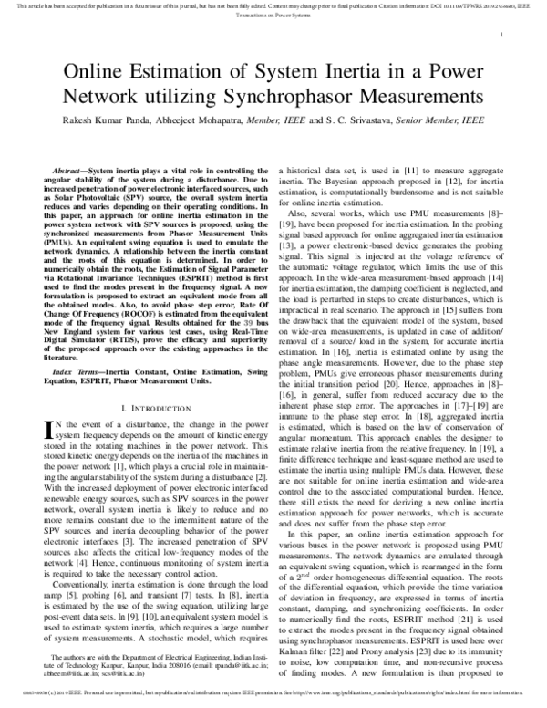 Pdf Online Estimation Of System Inertia In A Power Network Utilizing Synchrophasor Measurements