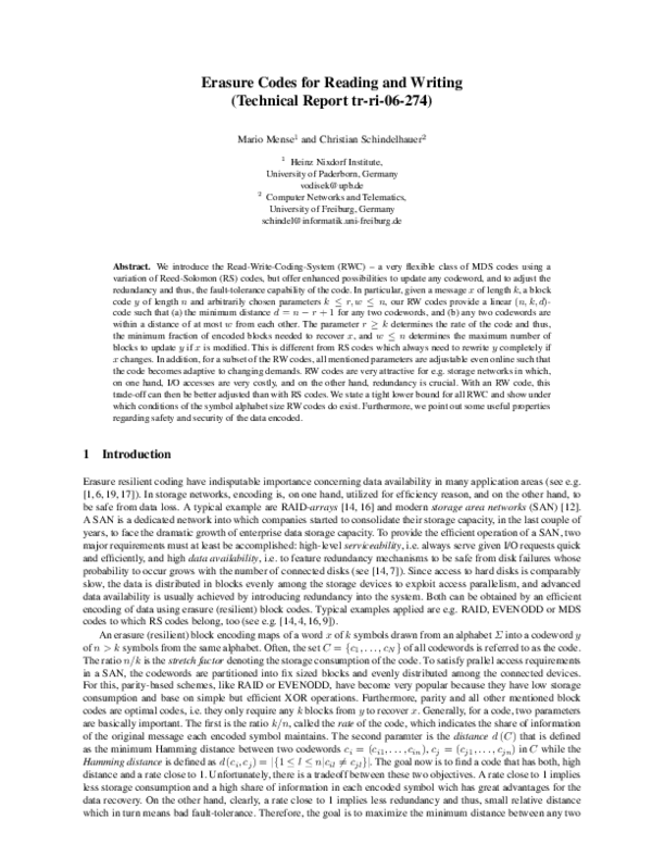 (PDF) Erasure Codes for Reading and Writing (Technical Report tr-ri-06 ...