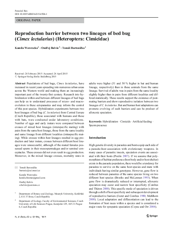 (PDF) Reproduction barrier between two lineages of bed bug (Cimex ...