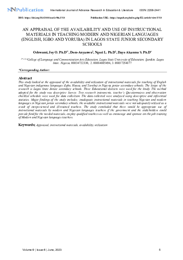 (PDF) An Appraisal of the Availability and Use of Instructional Materials in Teaching Modern and ...