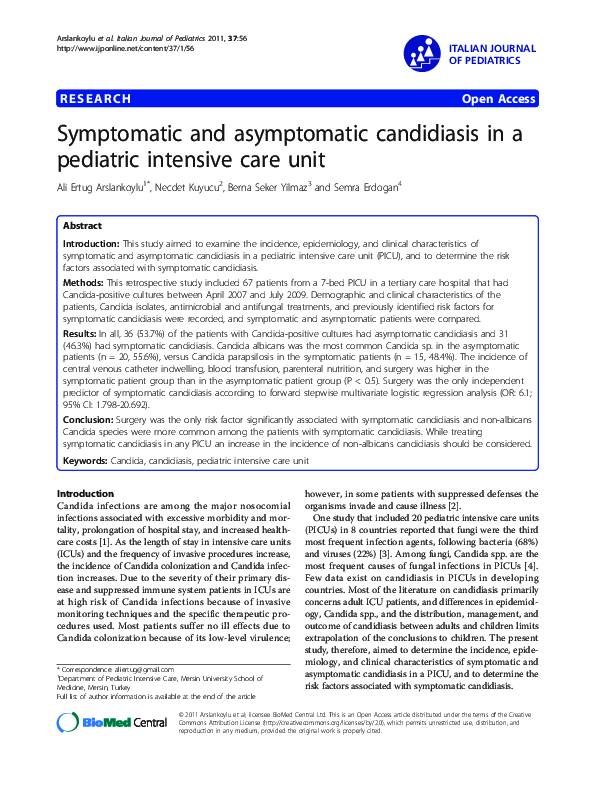 (PDF) Symptomatic and asymptomatic candidiasis in a pediatric intensive ...