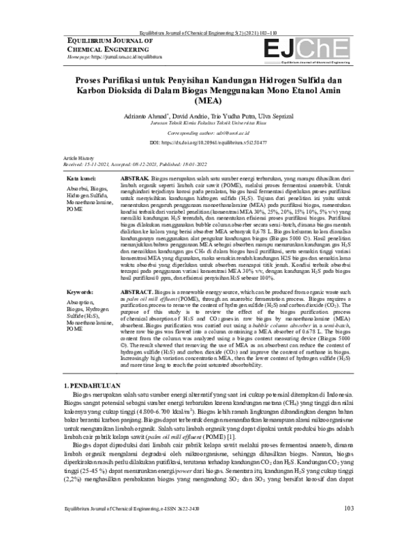 (PDF) Proses Purifikasi untuk Penyisihan Kandungan Hidrogen Sulfida dan ...