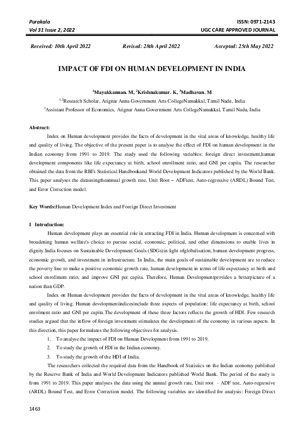 (PDF) IMPACT OF FDI ON HUMAN DEVELOPMENT IN INDIA