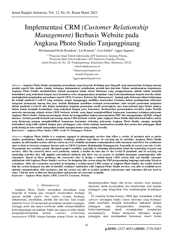 (PDF) Implementasi CRM (Customer Relationship Management) Berbasis Website pada Angkasa Photo ...