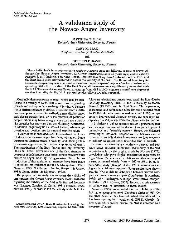 (PDF) A validation study of the Novaco Anger Inventory