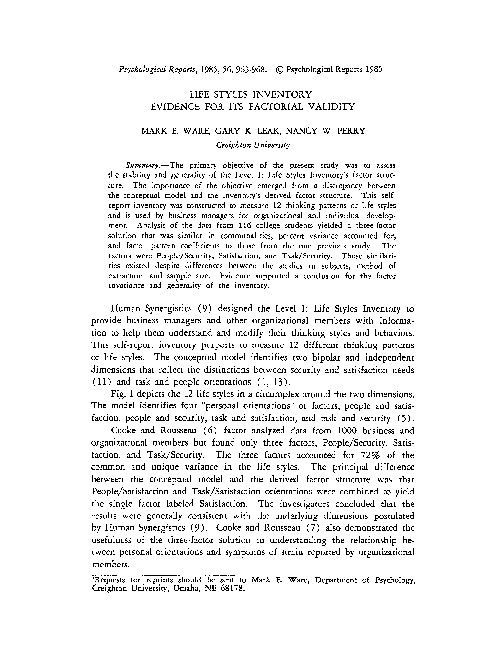 (PDF) Life Styles Inventory: Evidence for its Factorial Validity
