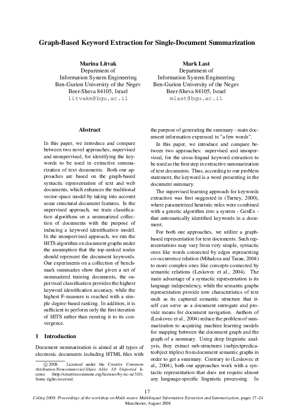 Pdf Graph Based Keyword Extraction For Single Document Summarization