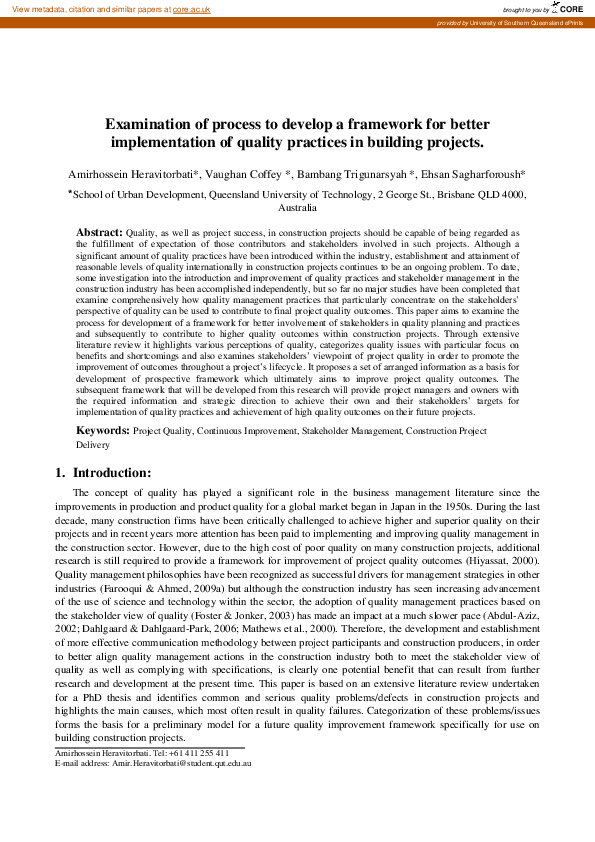 (PDF) Examination of process to develop a framework for better implementation of quality ...