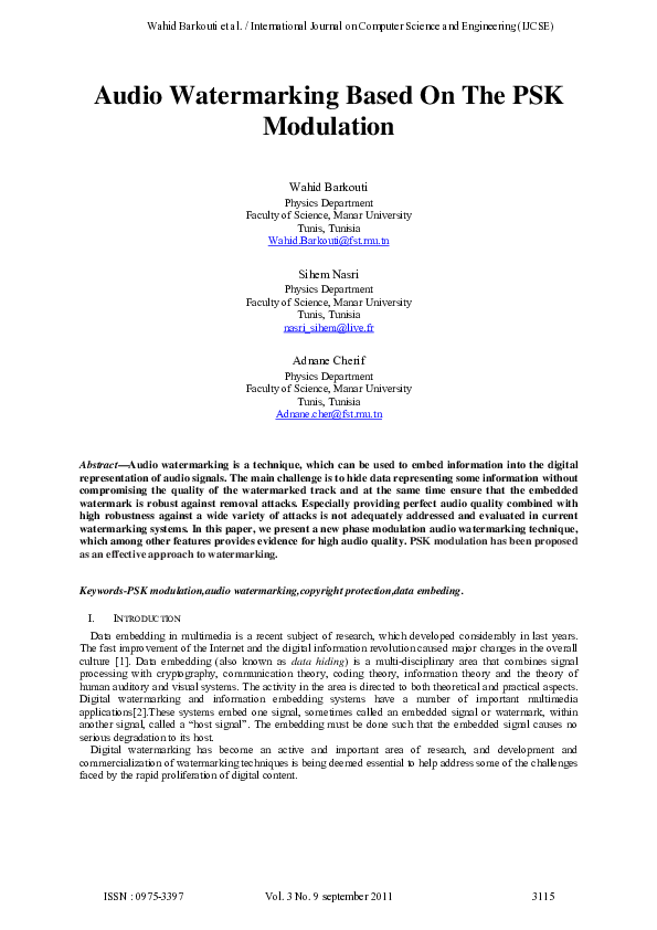 (PDF) Audio Watermarking Based On The PSK Modulation