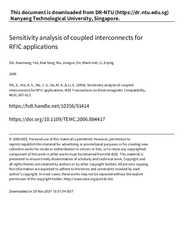 (PDF) Sensitivity Analysis of Coupled Interconnects for RFIC Applications