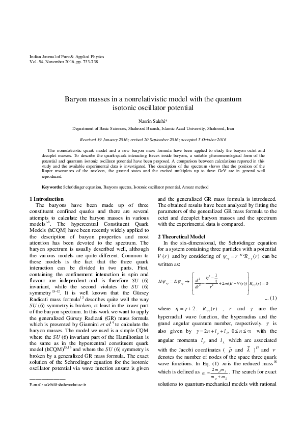 (PDF) Baryon masses in a nonrelativistic model with the quantum isotonic oscillator potential
