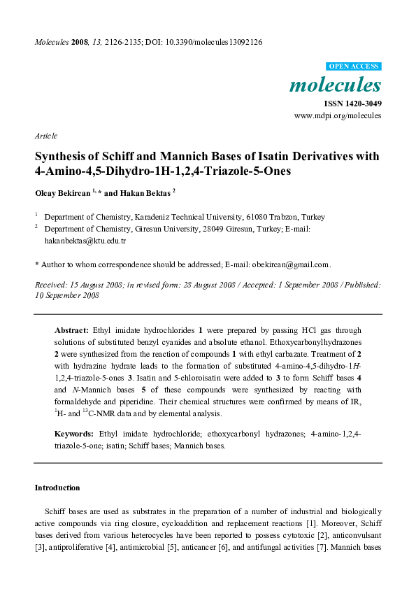 (PDF) Article Synthesis of Schiff and Mannich Bases of Isatin Derivatives with
