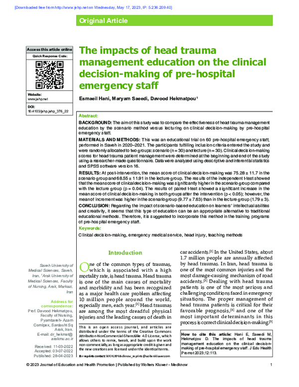 (PDF) The impacts of head trauma management education on the clinical ...