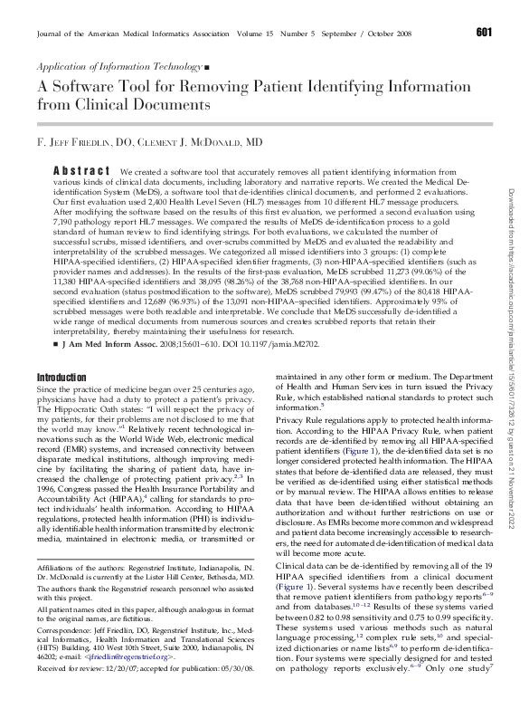 (PDF) A Software Tool for Removing Patient Identifying Information from ...