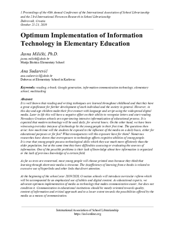 (PDF) Optimum implementation of information technology in elementary ...