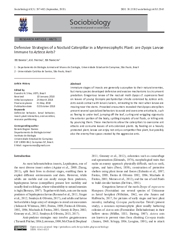 (PDF) Defensive Strategies of a Noctuid Caterpillar in a Myrmecophytic ...