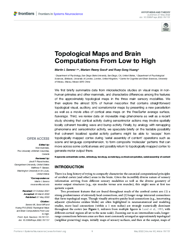 (PDF) Topological Maps and Brain Computations From Low to High
