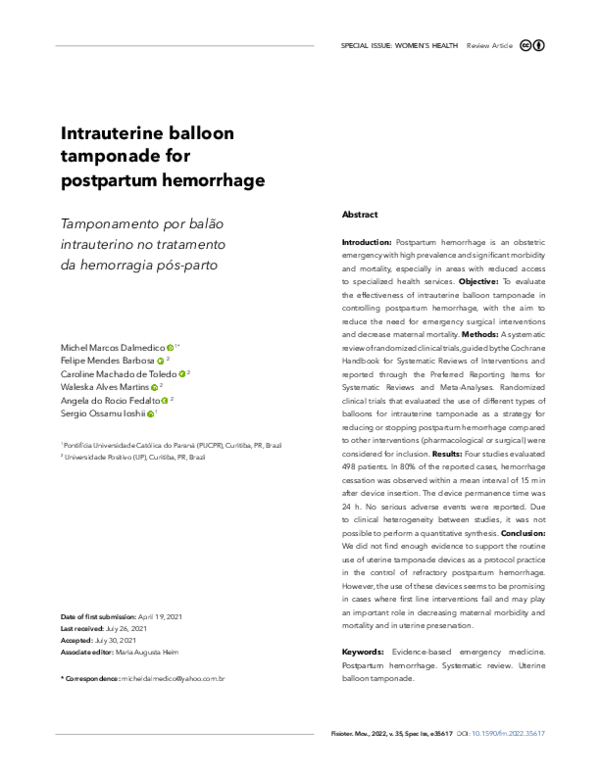 (PDF) Intrauterine balloon tamponade for postpartum hemorrhage