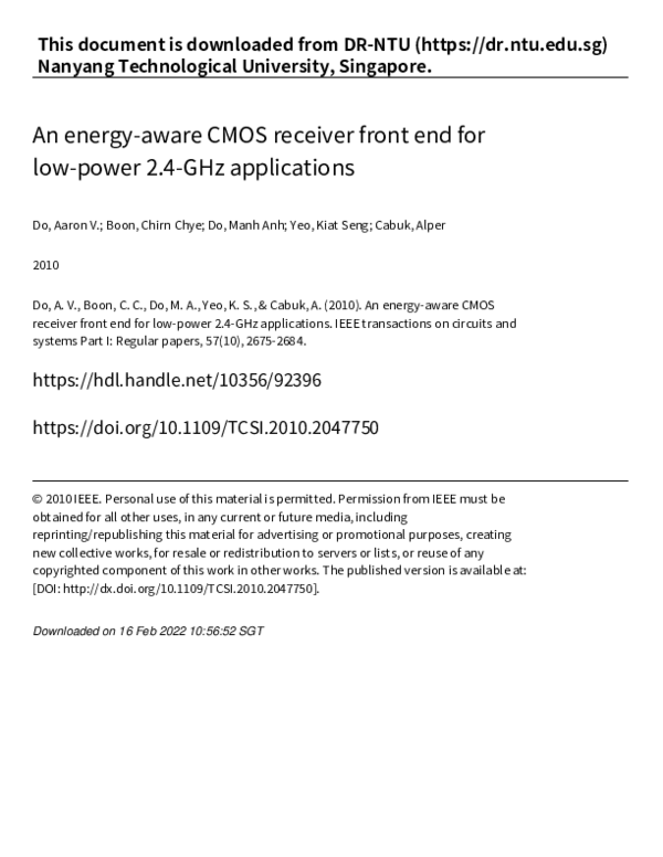 (PDF) An Energy-Aware CMOS Receiver Front End for Low-Power 2.4-GHz Applications