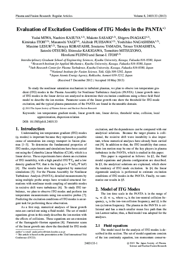 (PDF) Evaluation of Excitation Conditions of ITG Modes in the PANTA