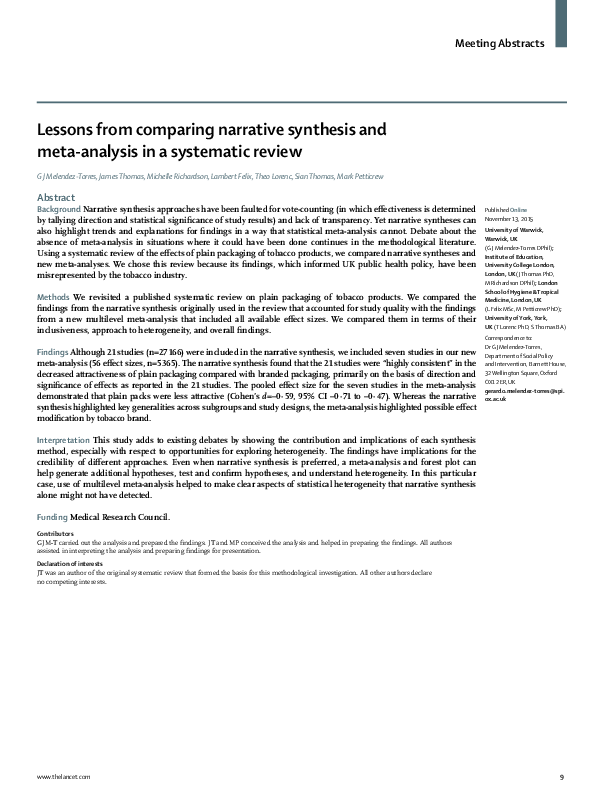 (PDF) Lessons from comparing narrative synthesis and meta-analysis in a ...