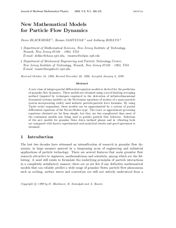 (PDF) New Mathematical Models for Particle Flow Dynamics | Roman Samulyak - Academia.edu