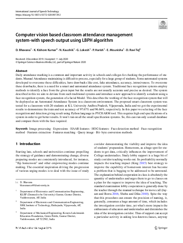 Computer Vision Based Classroom Attendance Management System With Speech Output Using Lbph Algorithm 8828
