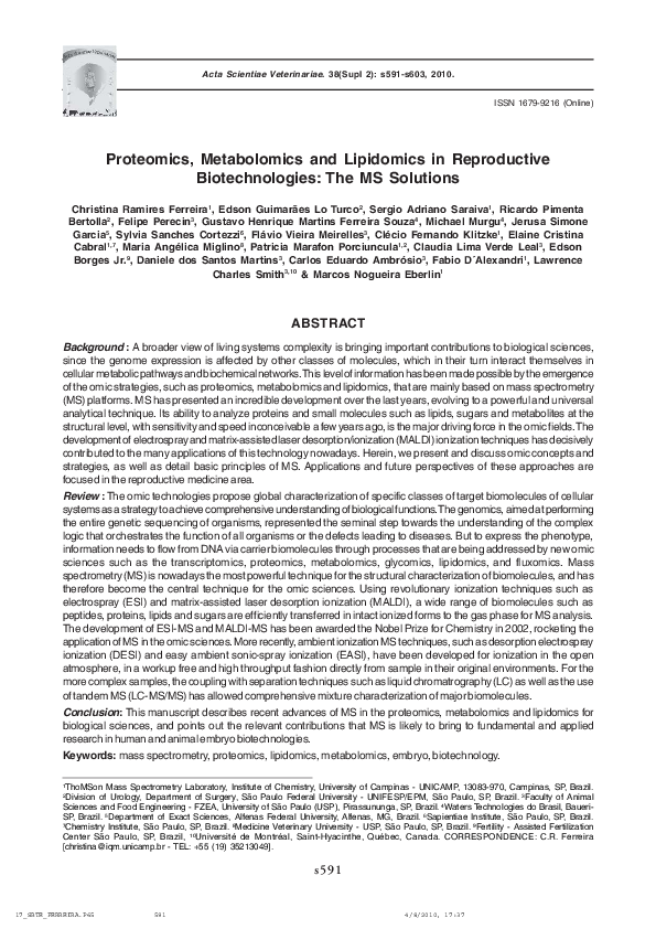 (PDF) Proteomics, Metabolomics and Lipidomics in Reproductive Biotechnologies: The MS Solutions