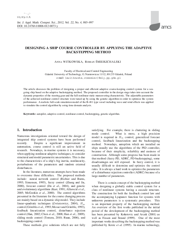 Pdf Designing A Ship Course Controller By Applying The Adaptive Backstepping Method