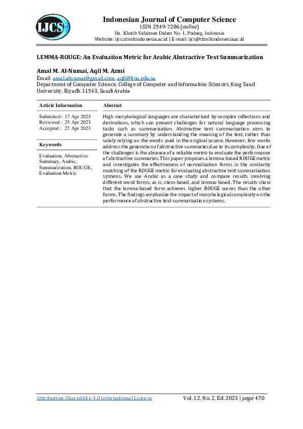 (PDF) LEMMA-ROUGE: An Evaluation Metric for Arabic Abstractive Text ... (PDF) LEMMA-ROUGE: An Evaluation Metric for Arabic Abstractive Text ...