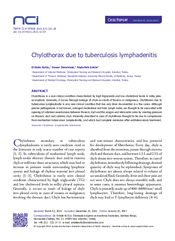(PDF) Chylothorax due to lymphadenitis of tuberculosis: Case Report | soner demirbaş - Academia.edu