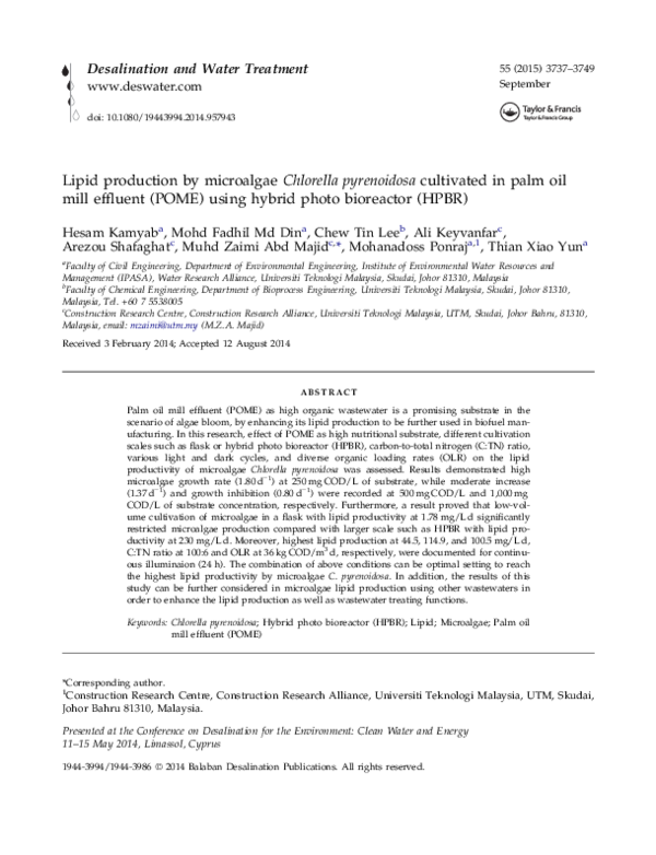 (PDF) Lipid production by microalgaeChlorella pyrenoidosacultivated in palm oil mill effluent ...