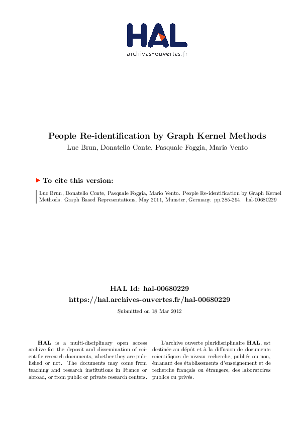 (PDF) People Re-identification by Graph Kernels Methods